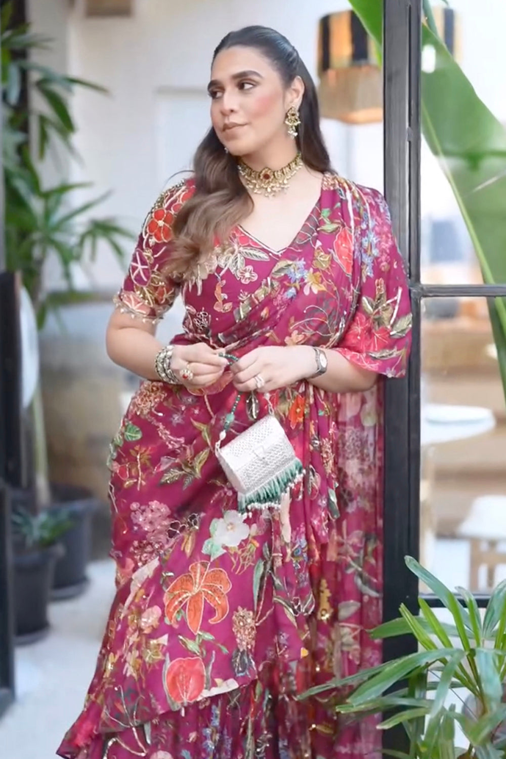 Summiya Patni In Berry Floral Ruffle Saree With Blouse And Belt ...